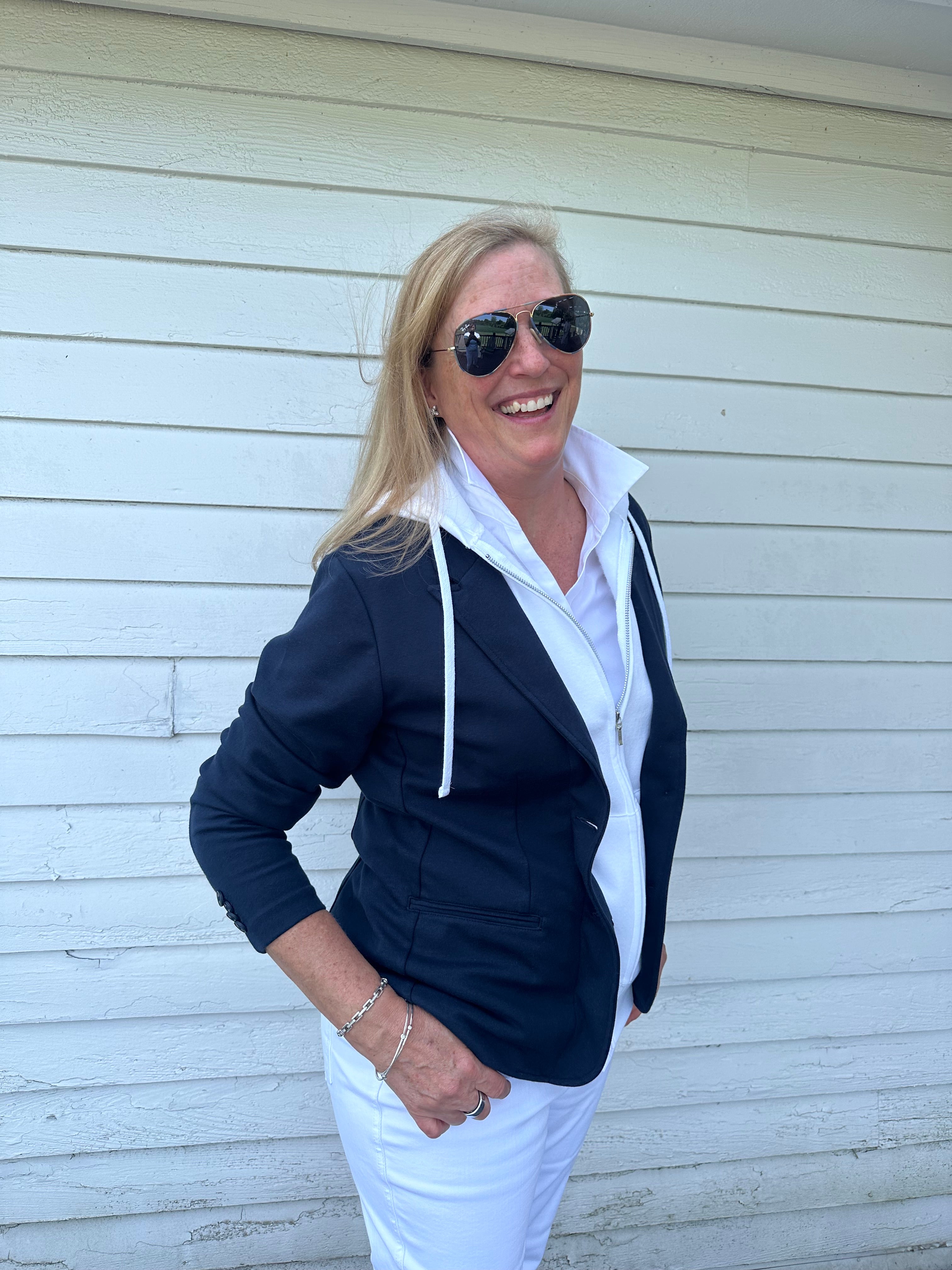 Tracey Hooded Blazer - Navy w White (HB01) – Pearly Vine